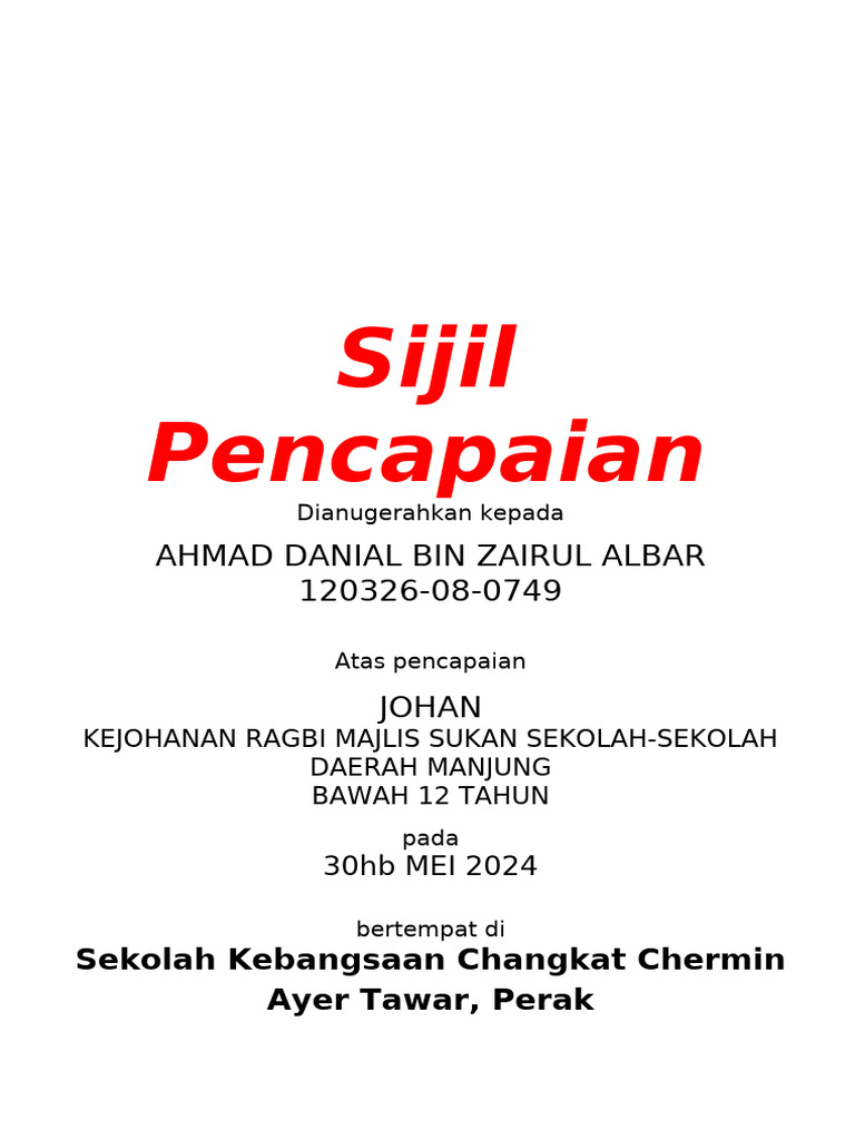 Contoh Sijil Pencapaian MSSD | PDF