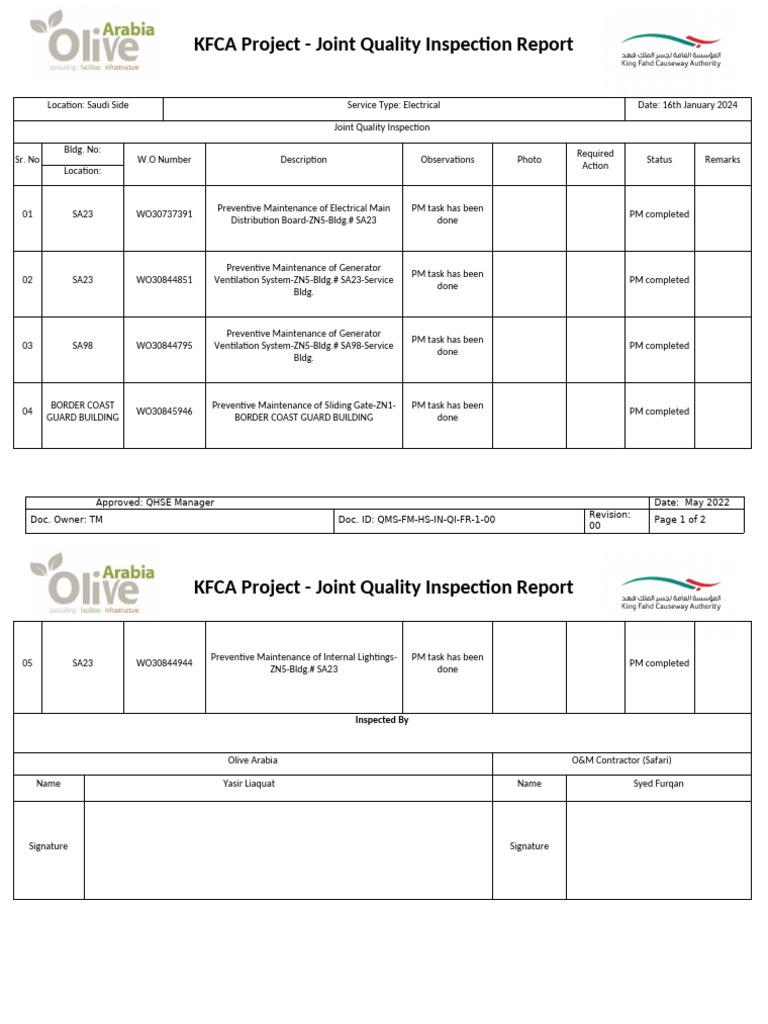 KFCA Joint Quality Inspection Report | PDF