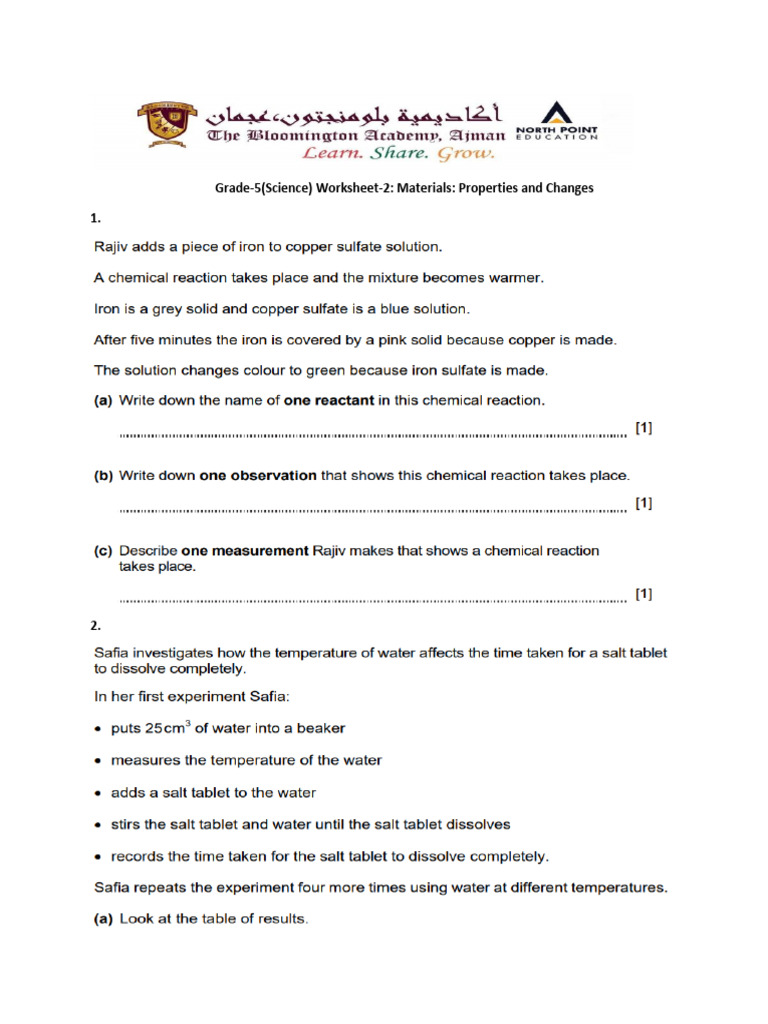 Grade-5 (Science) Worksheet-2: Materials: Properties and Changes 1 | PDF