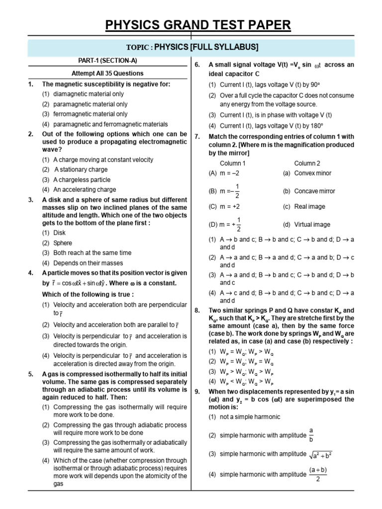 Physics Grand Test Paper | PDF | P–N Junction | Capacitor