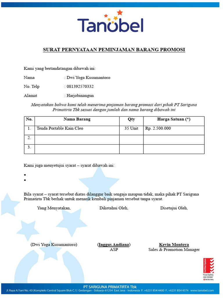 Surat Pernyataan Pinjam Barang Kutoarjo | PDF