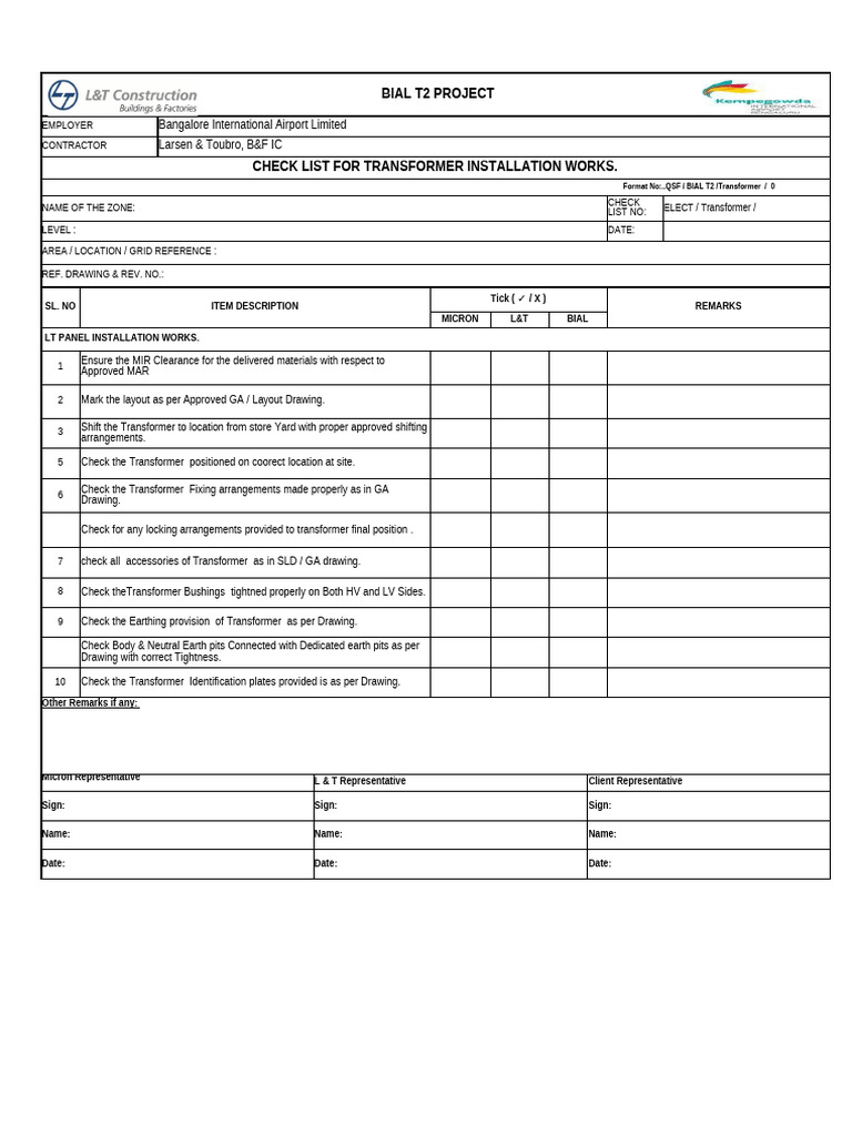 Transformer Installation Checklist BIAL T2 | PDF