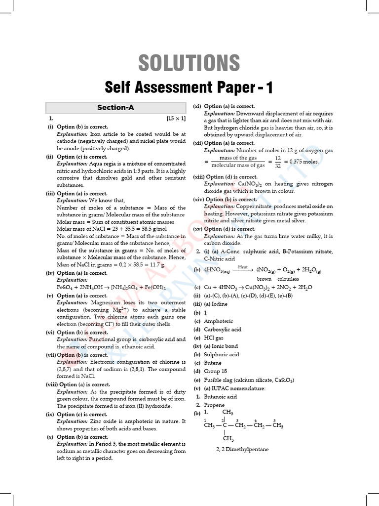Self Assessment1 Solutions | PDF | Chlorine | Mole (Unit)