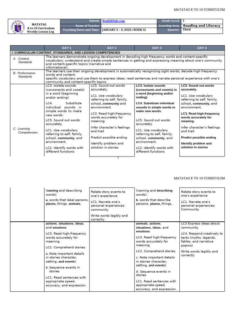 DLL Matatag - Reading & Literacy 1 Q3 - W4 | PDF | Reading Comprehension | Vocabulary