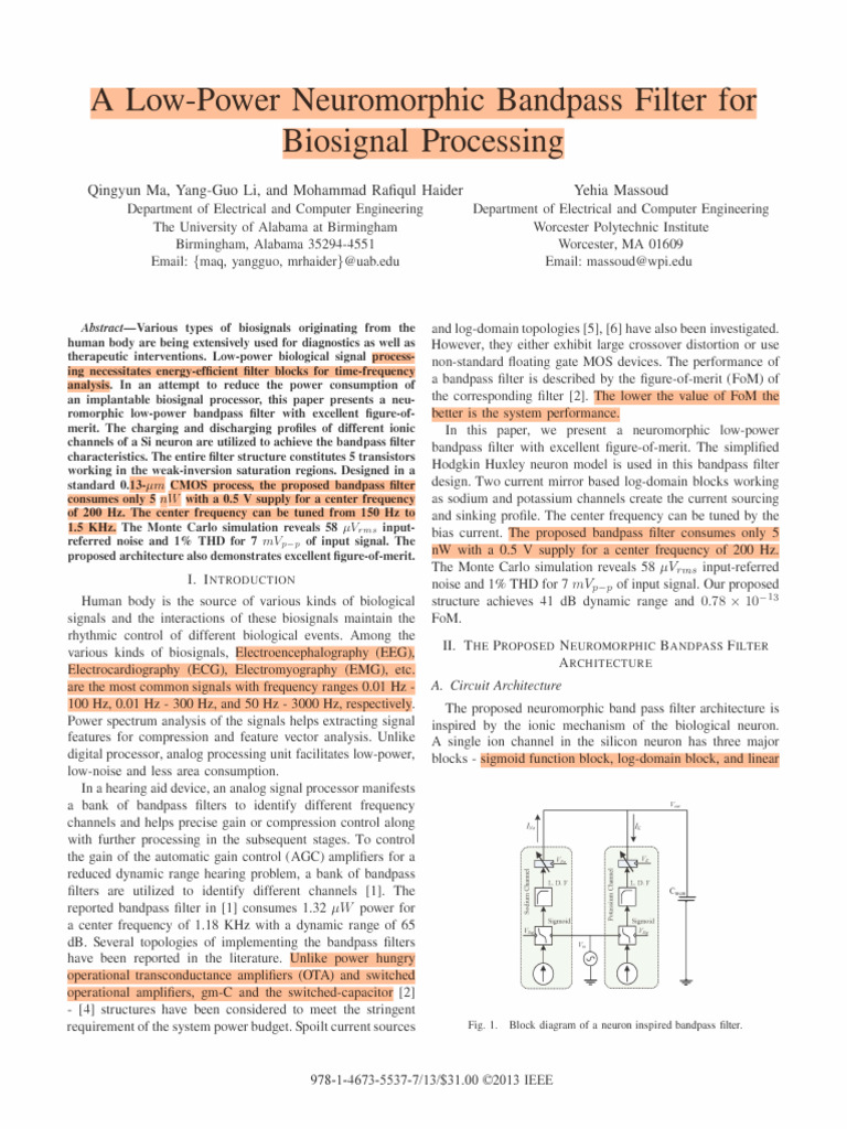 Low-Power Neuromorphic Bandpass Filter | PDF | Filter (Signal Processing) | Electronic Filter