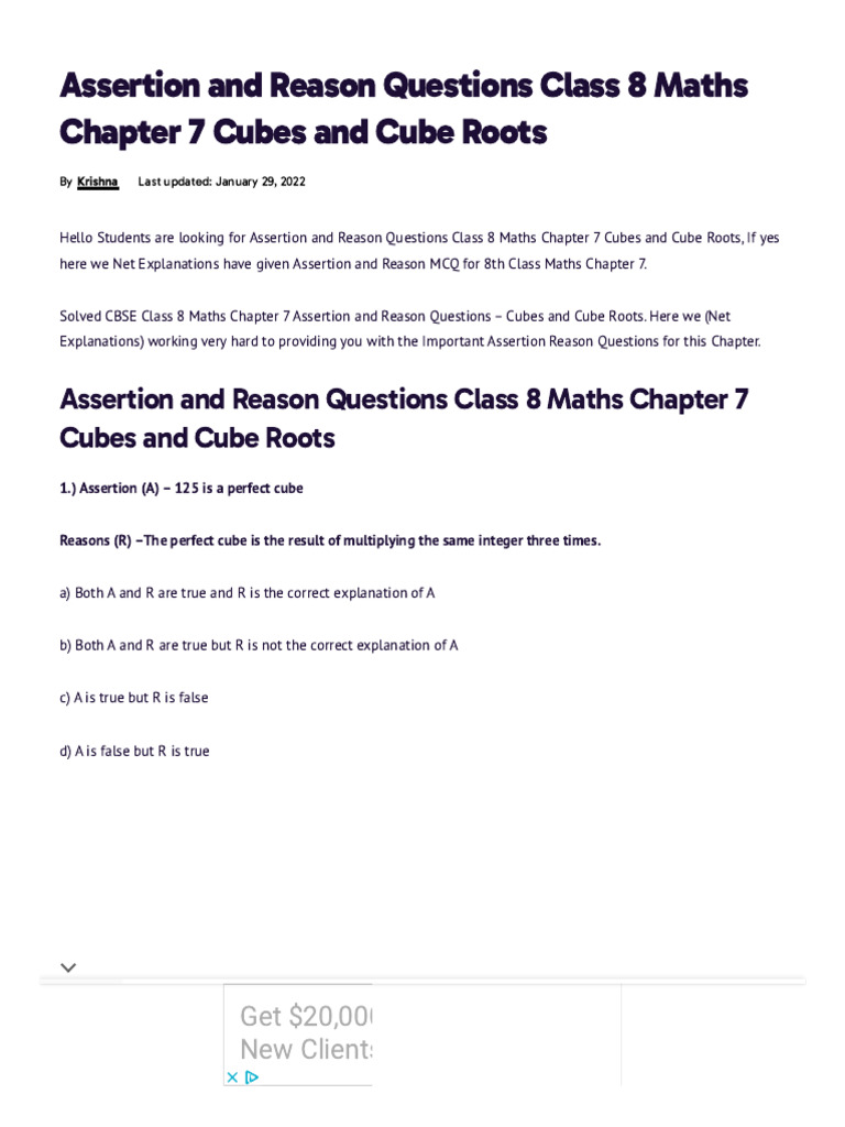Assertion and Reason Questions Class 8 Maths Chapter 7 Cubes and Cube Roots | PDF | Arithmetic ...