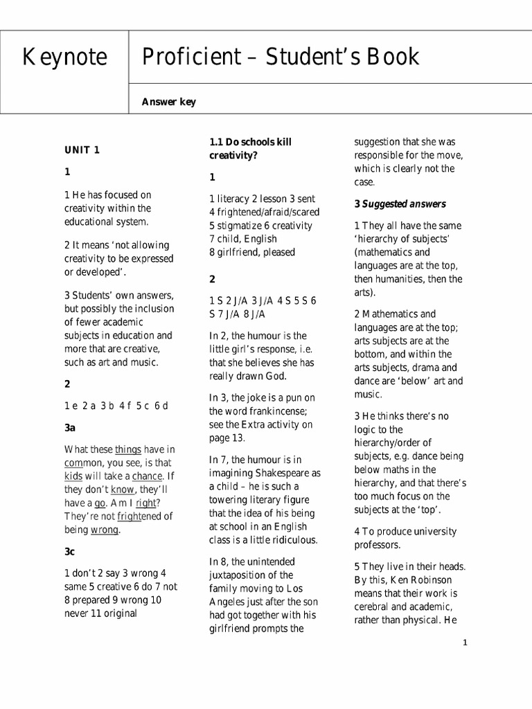 Keynote Proficient Students Book Answer Keys | PDF