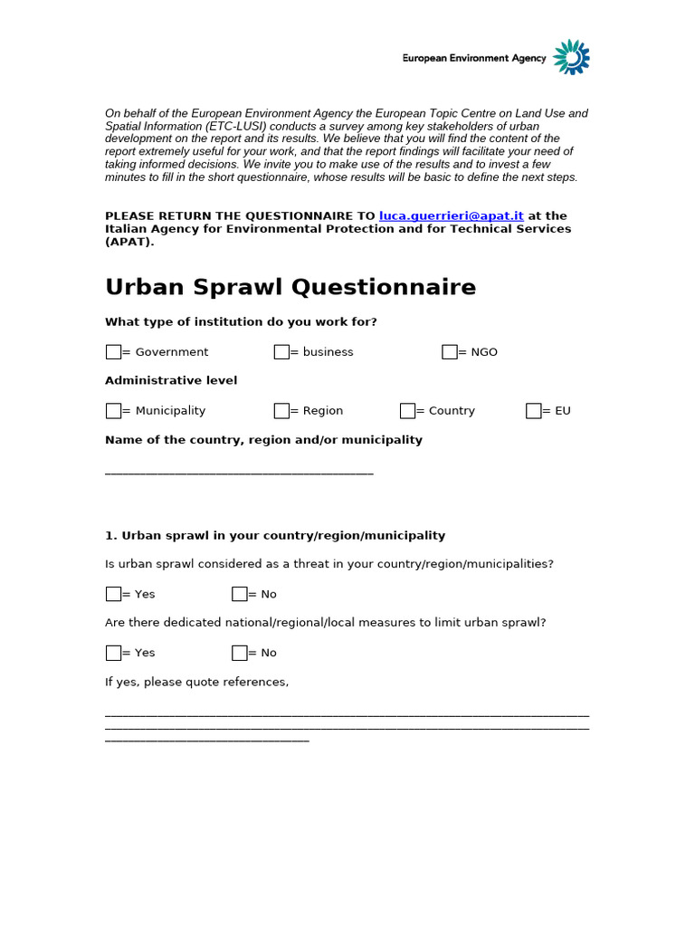 Questionnaire 20Urban 20Sprawl 2 | PDF | Urban Sprawl | Air Pollution