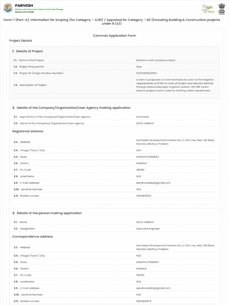 Form-1 (Part-A) - Information For Scoping (For Category - A - B1) | PDF