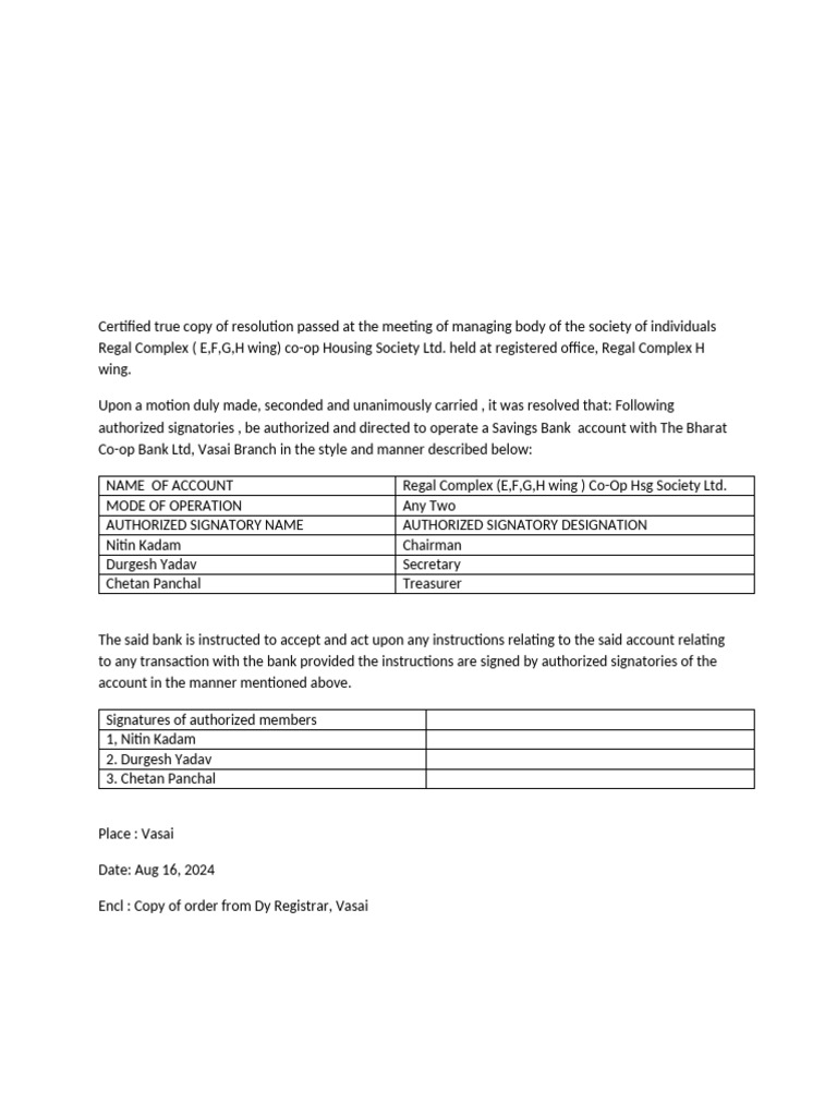 Certified True Copy of Resolution Passed at The Meeting of Managing ...