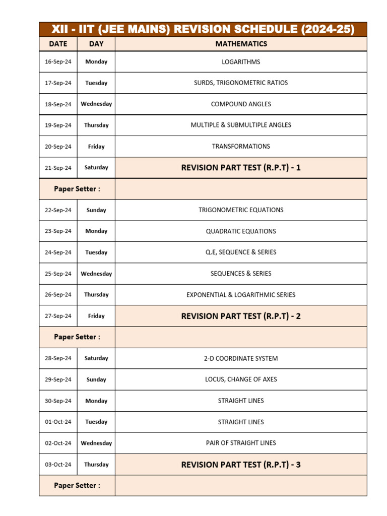 Xii Iit Jee Mains Maths Revision Programme September 15 To Pongal 2024 25 1 Pdf