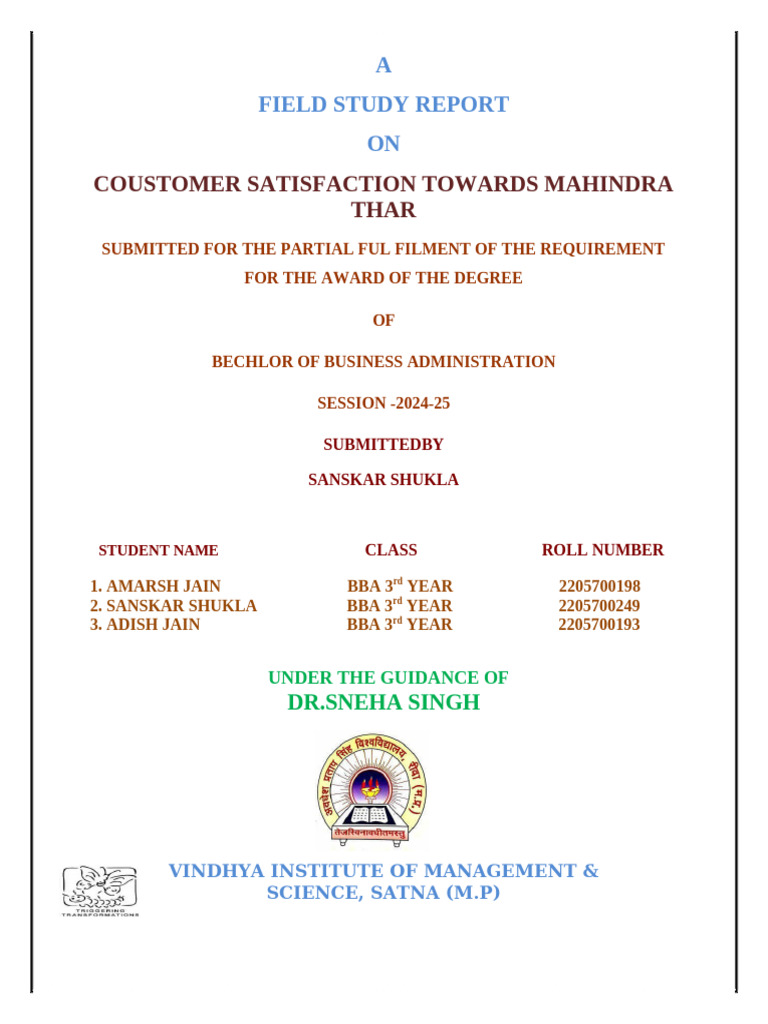 BBA Field Study Project SANSKAR | PDF | Psychology