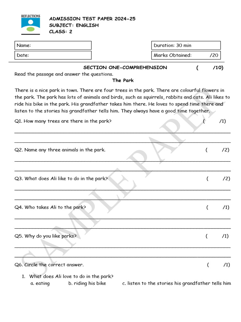 English Admission Test Paper 2024-25 | PDF | Grammar | Linguistics