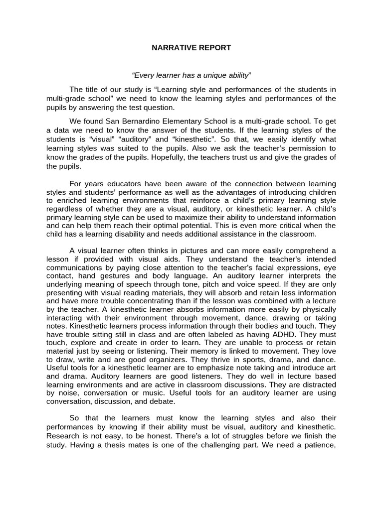 Narrative Report of Thesis | PDF | Learning Styles | Learning