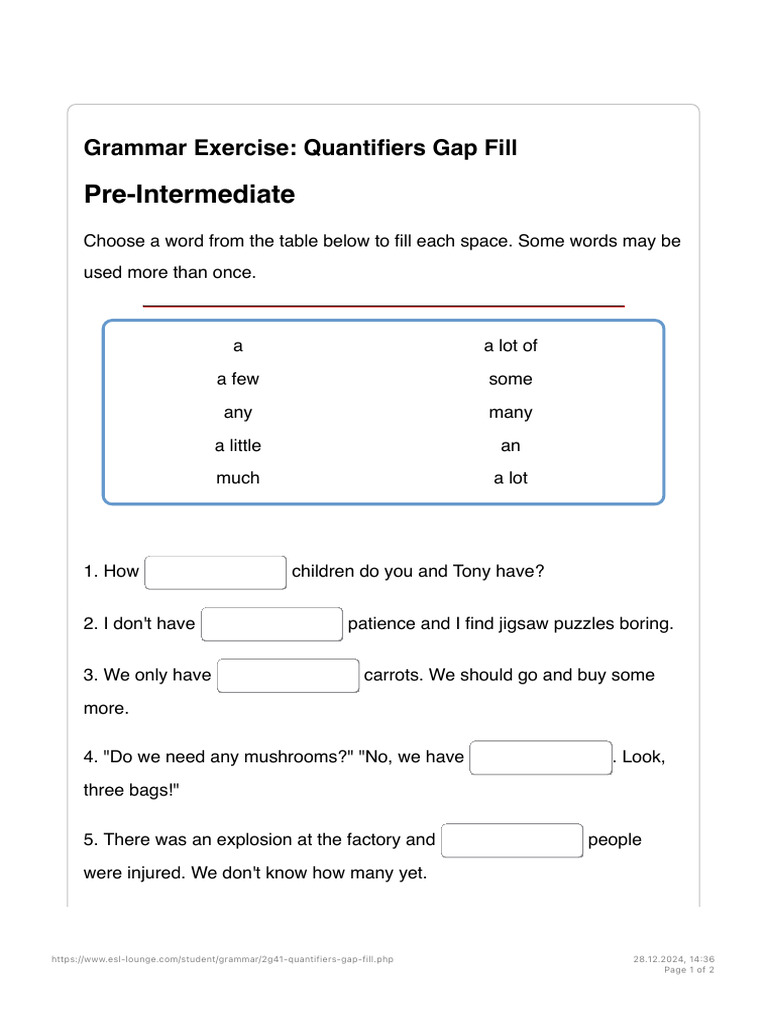 Quantifiers Gap Fill Exercise | PDF