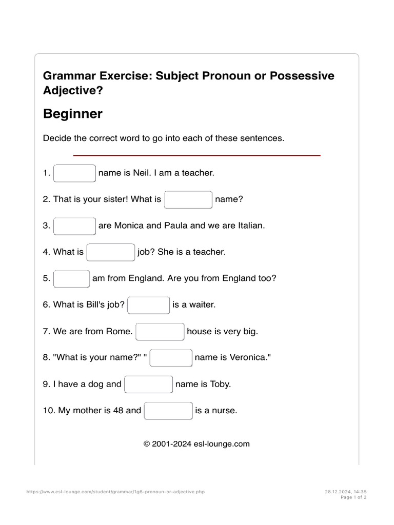 Grammar Exercise - Subject or Object Prounouns | PDF