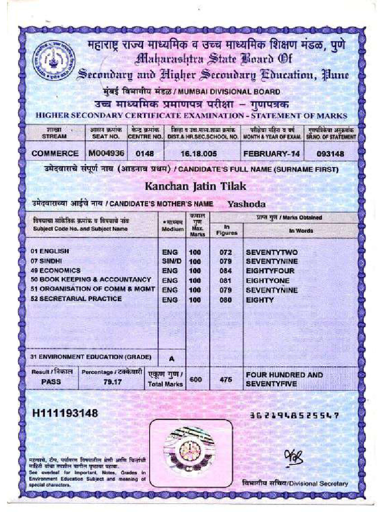 HSC Certificate - Jatin T Kanchan3 | PDF