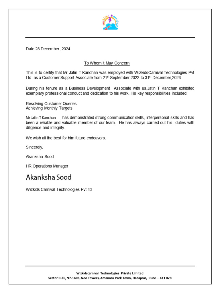 Experience Letter - Jatin T Kanchan-1 | PDF