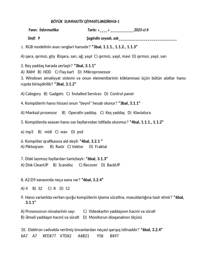 9 Sinif Info BSQ 1 | PDF