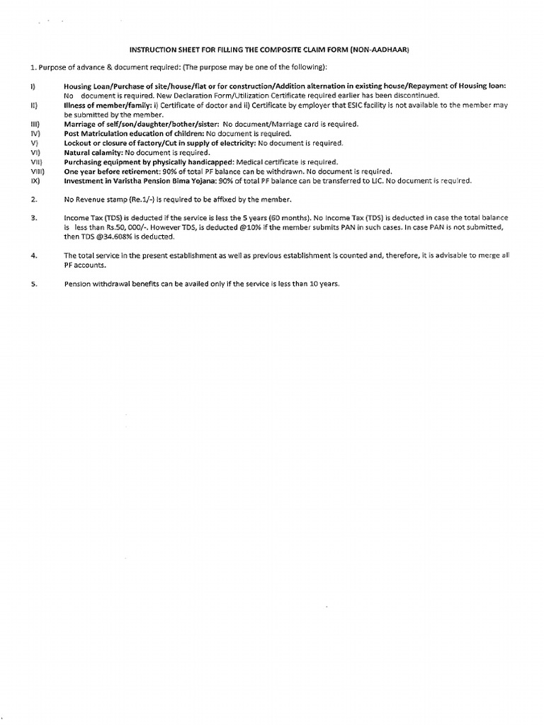 Composite Claim Form For Non Aadhar. | PDF