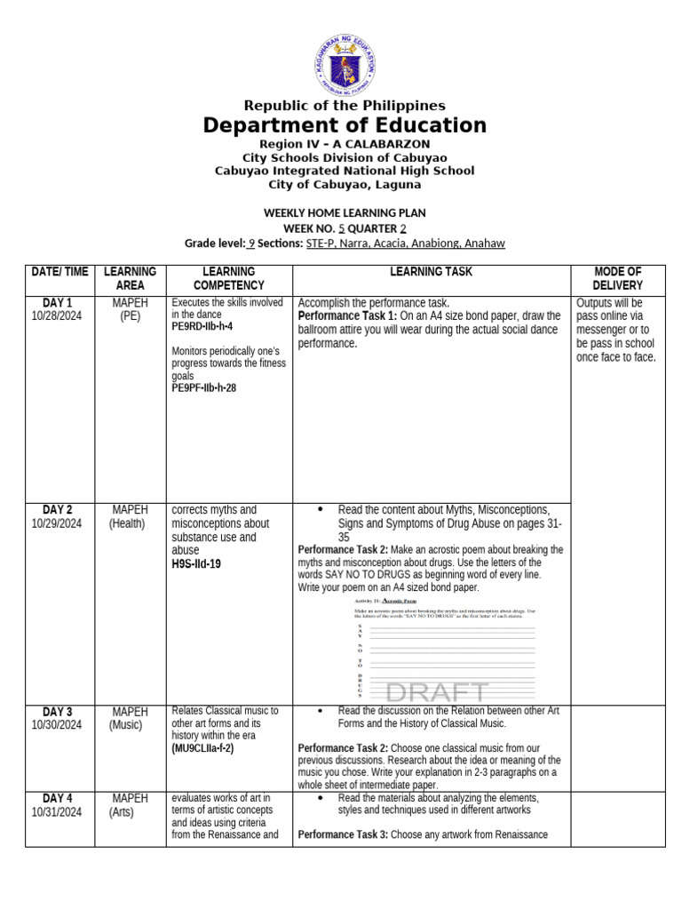 q2 Mapeh 9 WHLP Week 5 | PDF