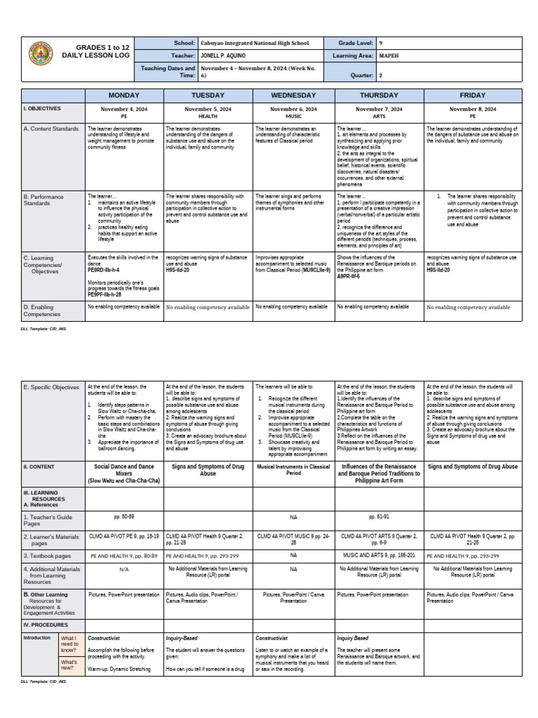 Q2 MAPEH 9 DLL Week 6 | PDF | Learning | Inquiry Based Learning
