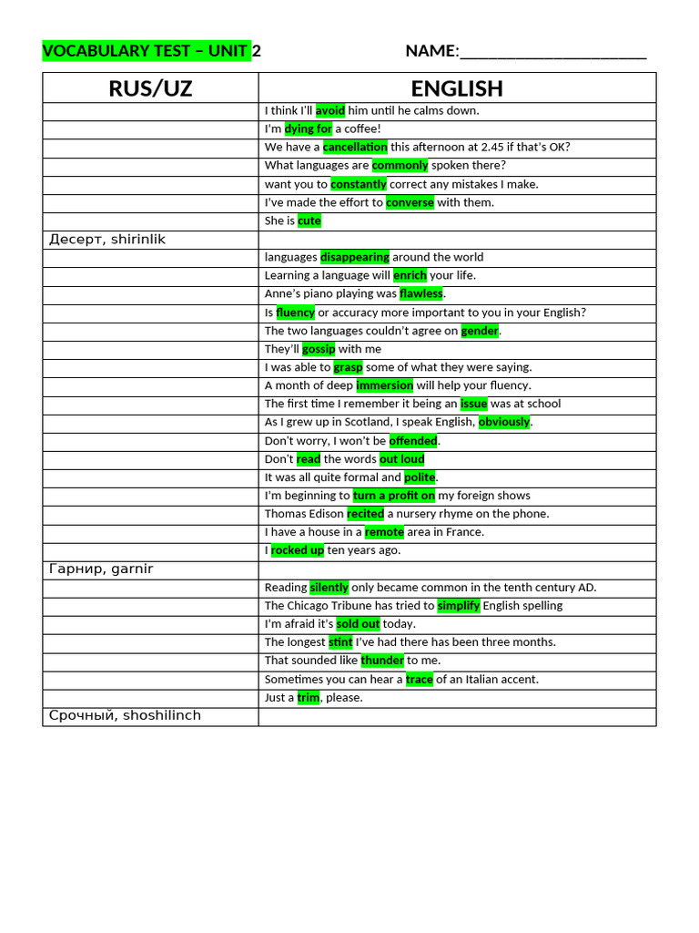Vocabulary Test Unit 2: Language Skills | PDF