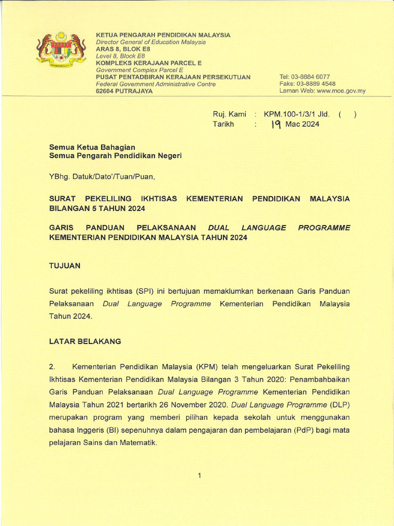 SPI KPM Bil. 5 Tahun 2024 Garis Panduan Pelaksanaan Dual Language Programme Kementerian ...