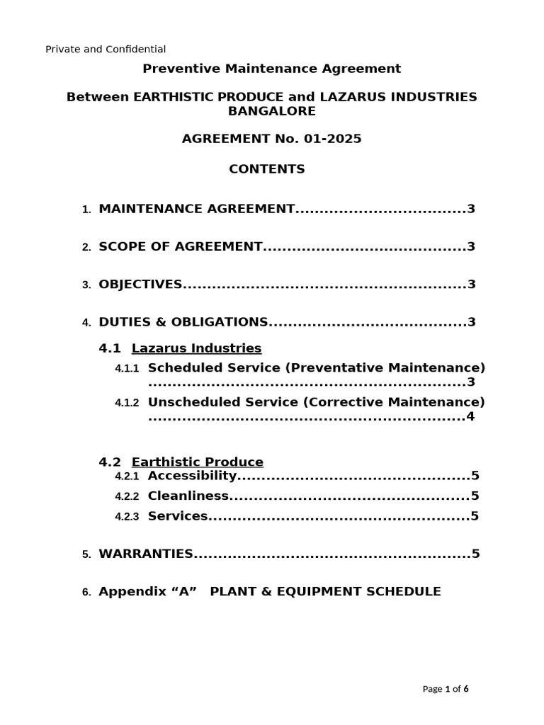 Preventative Maintenance Agreement V1 | PDF
