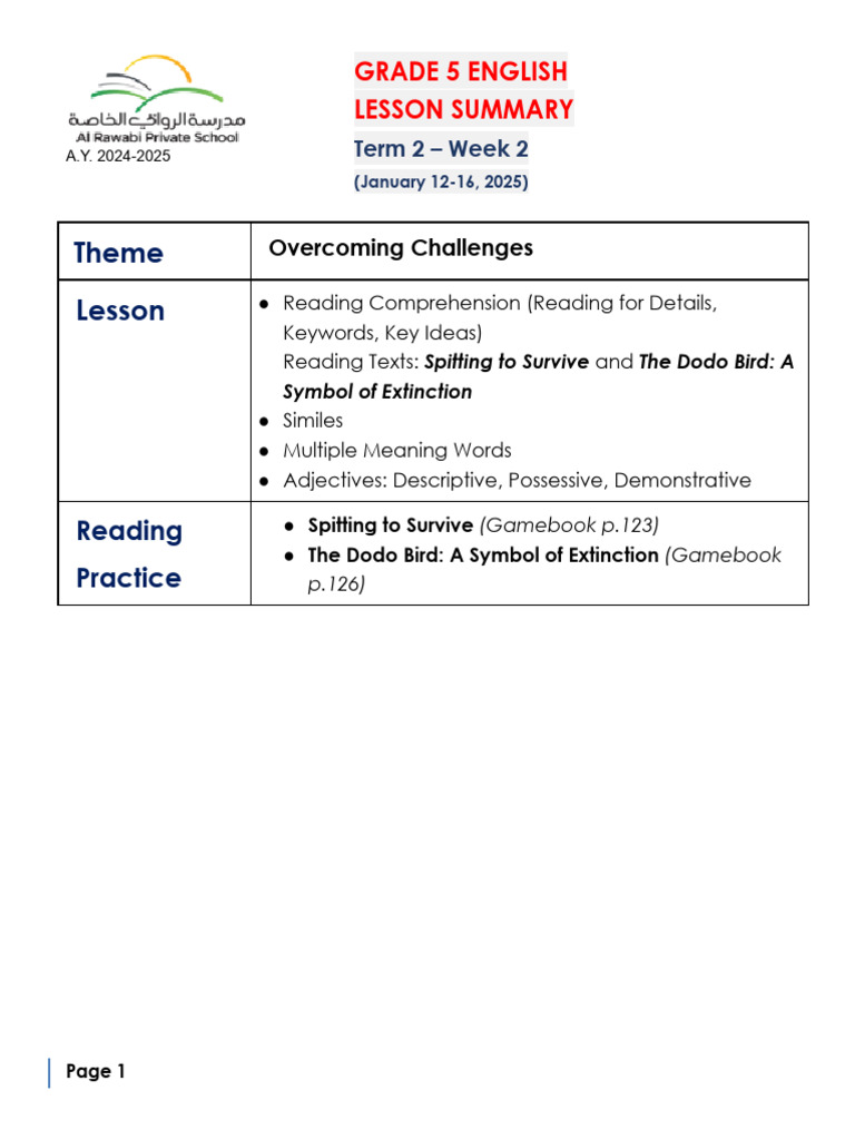 Grade 5 English Lesson Summary: Term 2 | PDF