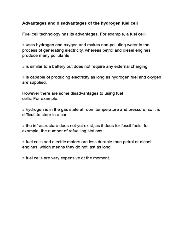 Advantages and Disadvantages of the Hydrogen Fuel Cell | PDF