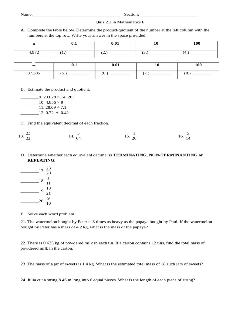 Quiz 6 - Math | PDF