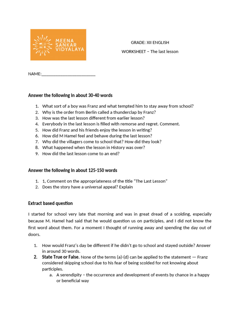 Worksheet-The Last Lesson | PDF