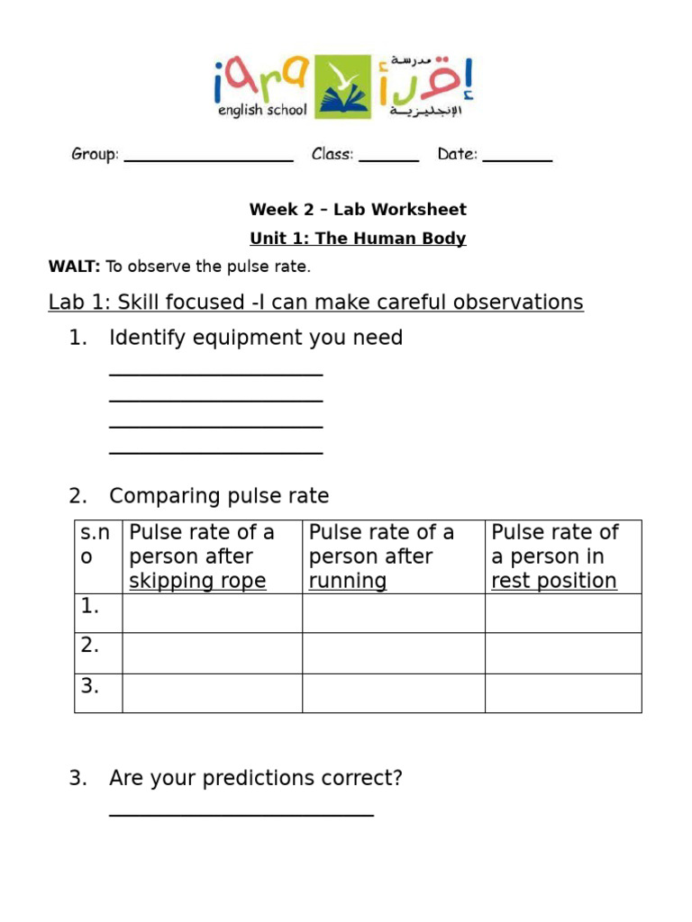 Lab 1 - Pulse Rate Observation Sheets | PDF