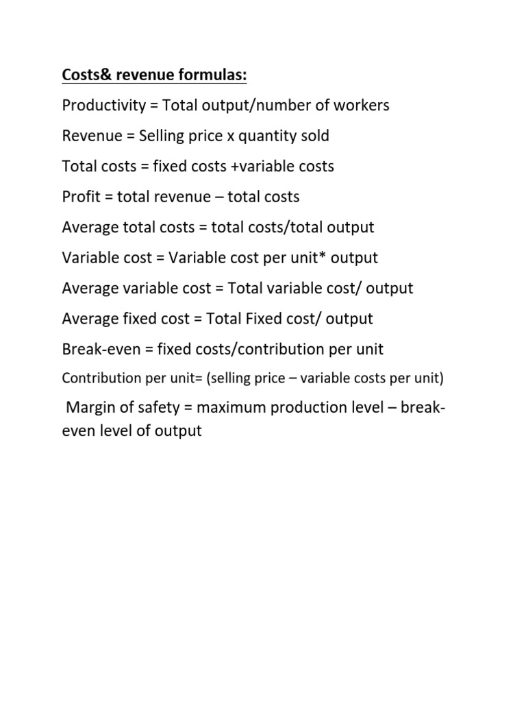 Costs& Revenue Formulaes | PDF
