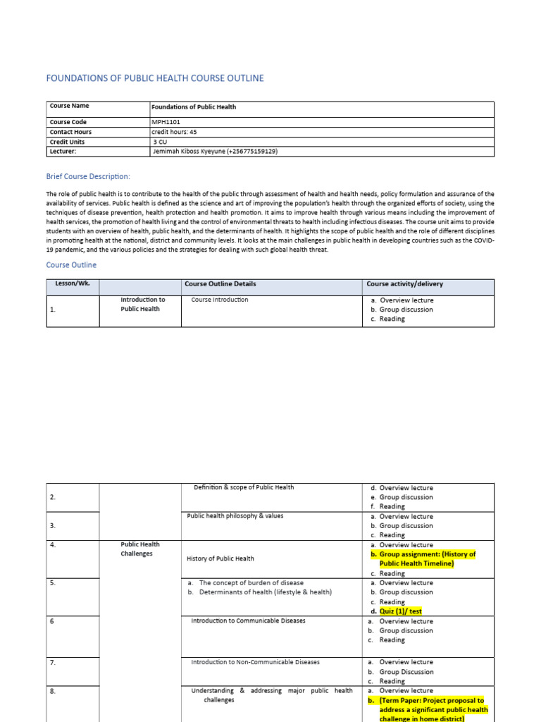 Foundations of Public Health Course Outline | PDF | Public Health ...