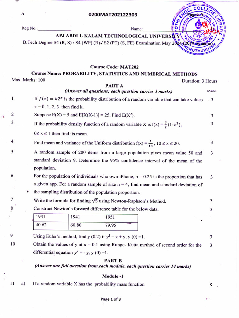 Mat202 Probability, Statistics and Numerical Methods, May 2024 | PDF | Normal Distribution ...