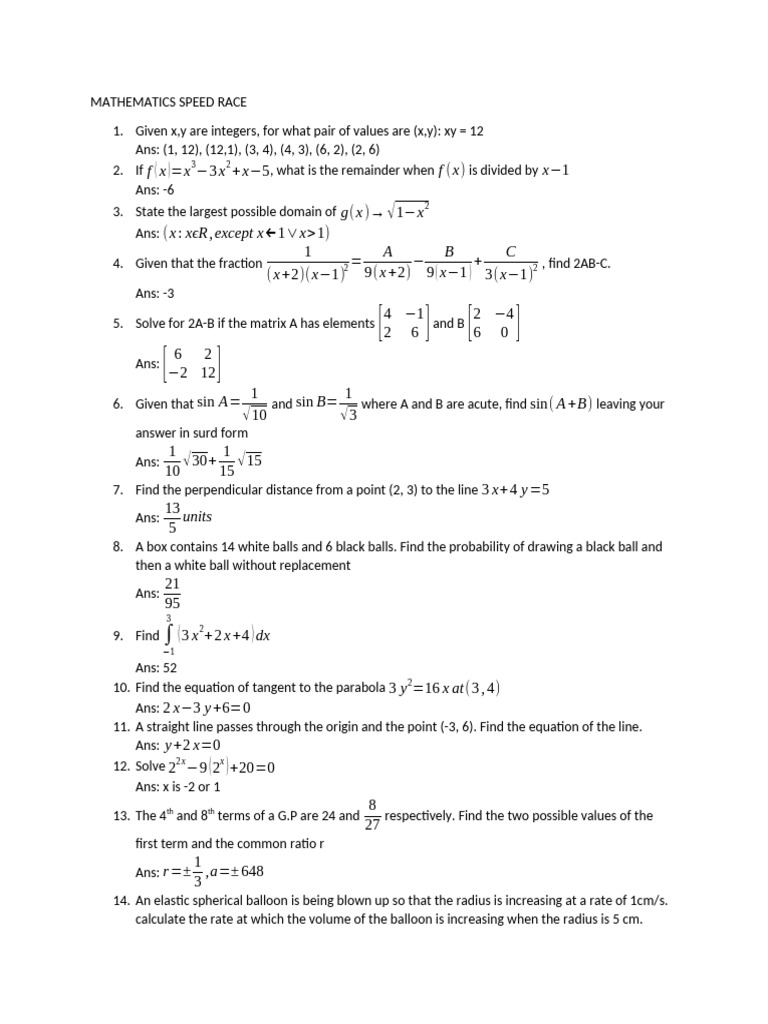 Mathematics Speed Race Pdf Equations Sphere