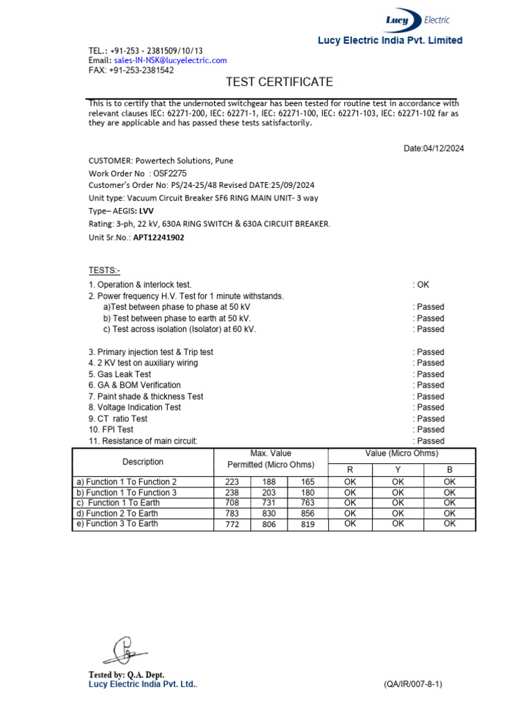 RTC OSF2275 01nos. 22kV LVV-NE | PDF | Power Engineering | Electric Power