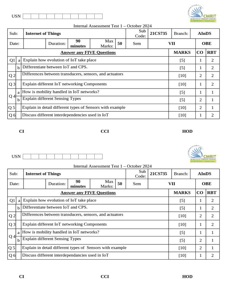 IoT-21CS735 - IAT 1 - Ques. Paper - Set2 | PDF | Internet Of Things ...