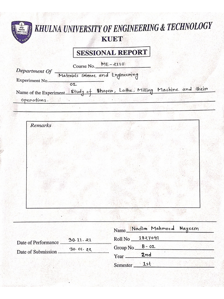 Exp 2 - Shaper, Lathe, Milling | PDF