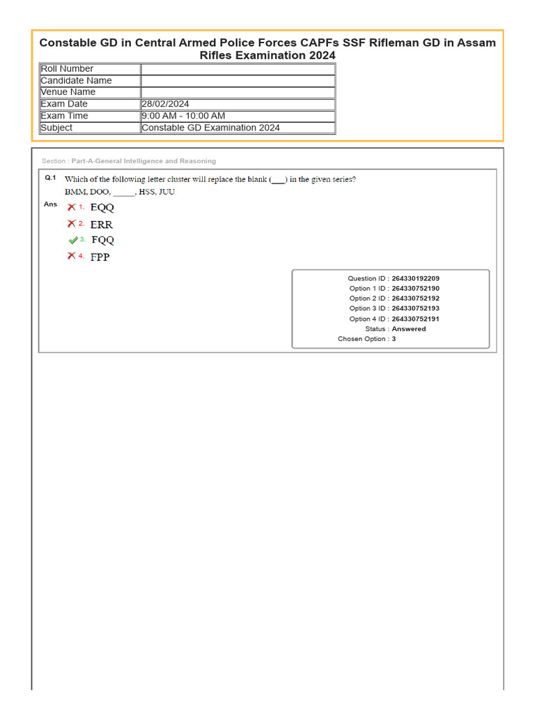 SSC GD Question Paper 2024 PDF in English 28-02-24 | PDF | Vocational ...