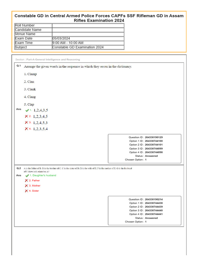 SSC GD Question Paper 2024 PDF in English 5-3-2024 | PDF | Vocational ...