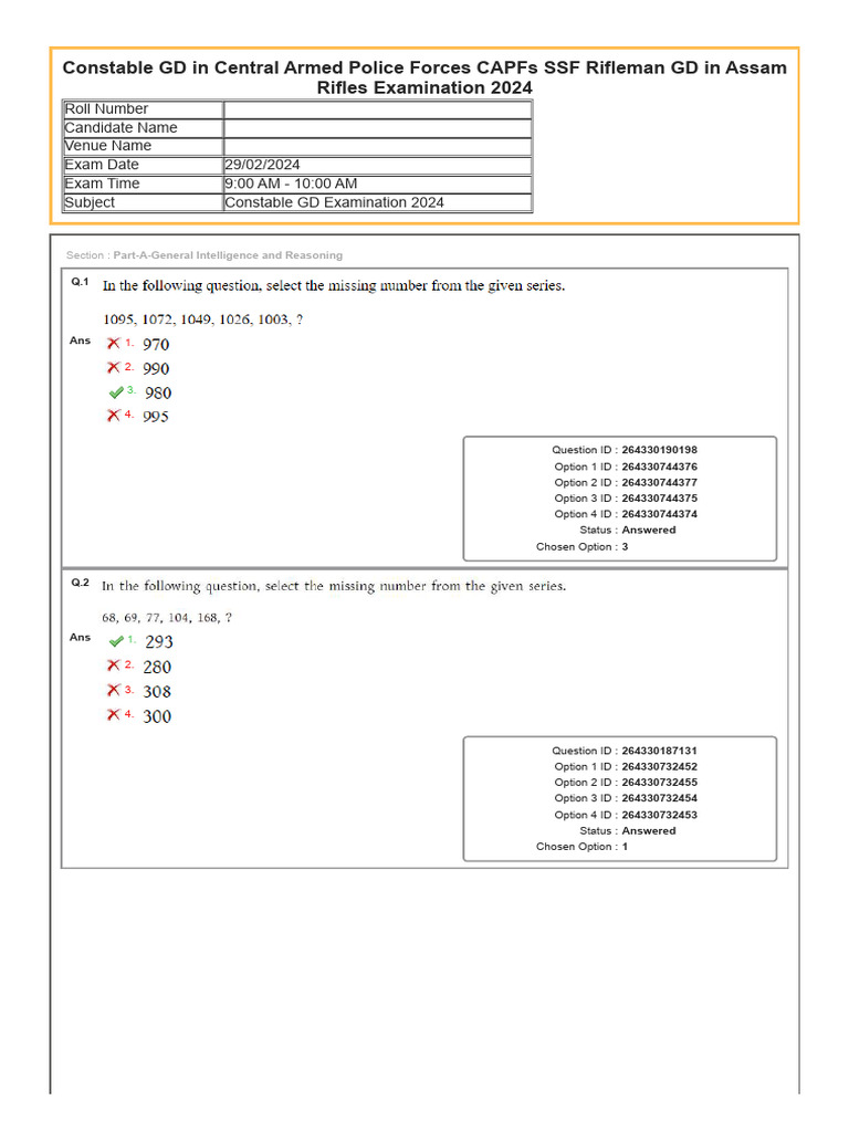 SSC GD Question Paper 2024 PDF in English 29-02-24 | PDF | Vocational ...