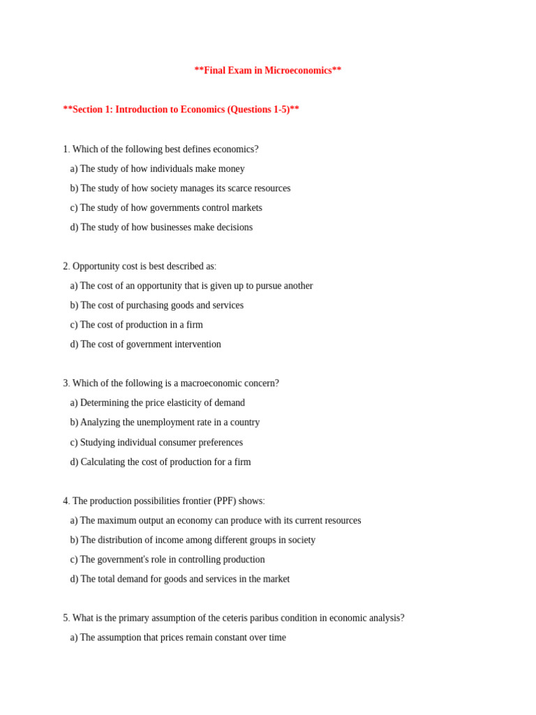 Final Exam In Microeconomics Pdf Elasticity Economics Demand