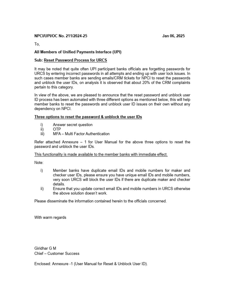 NPCI OC-211-Reset-Password-Process-for-URCS | PDF