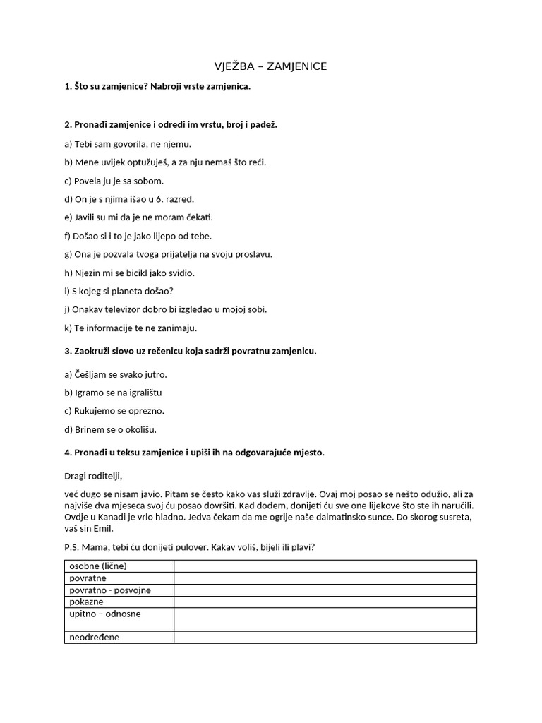 Vježba - Zamjenice | PDF