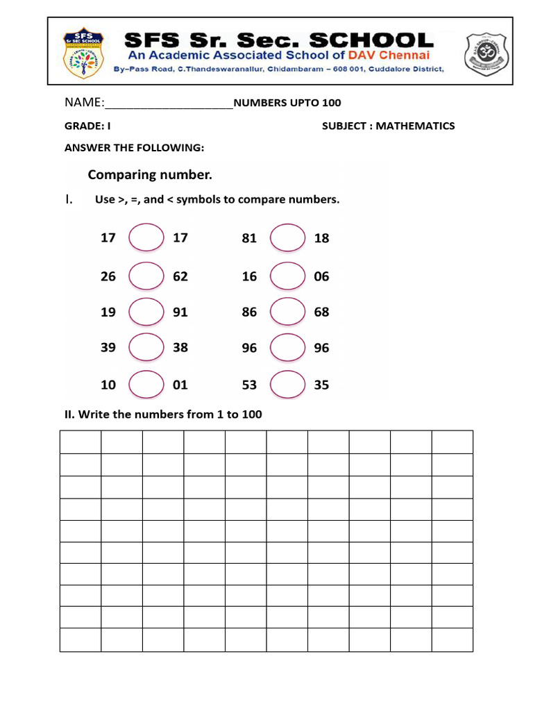 Numbers 1-100 Worksheet for Grade 1 | PDF
