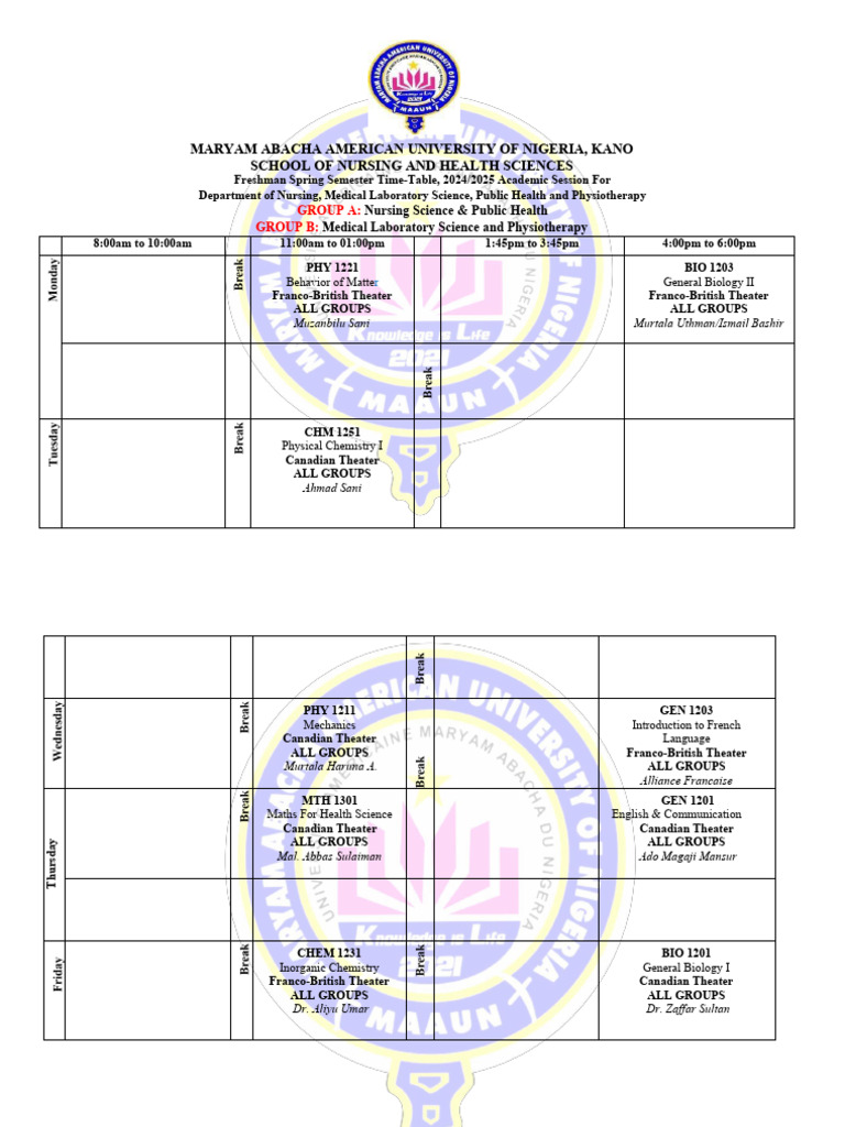 Spring Lecture Timetable Freshmen Sns & Shs 2024-2025 Spring Timetable[1] | PDF