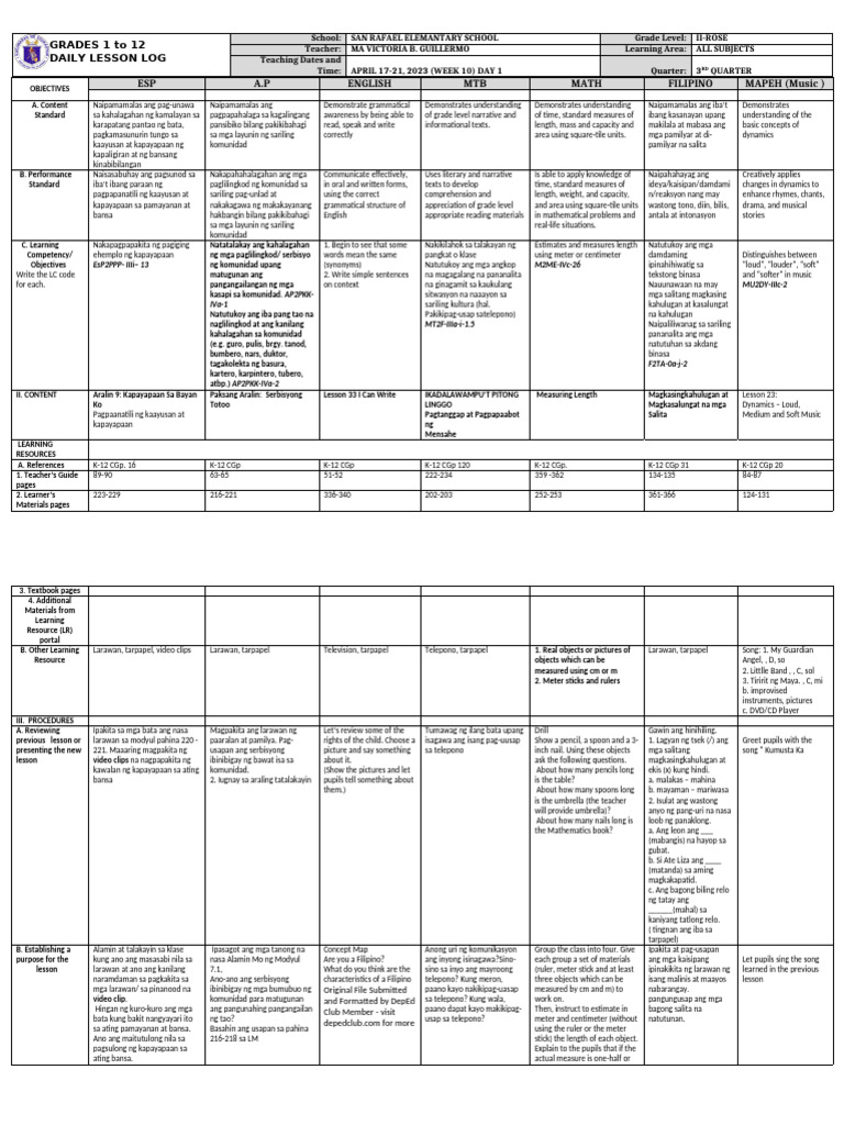 DLL - All Subjects 2 - Q3 - W10 - D1 | PDF